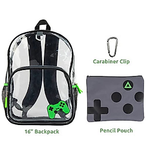 RALME Boys Clear Backpack for School, 16 inch Stadium Approved Transparent Bag with Matching Gaming Pencil Pouch, 3 Piece Set