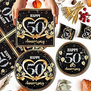50th Anniversary Decorations Tableware Set, 142Pcs Black Gold 50th Anniversary Plates and Napkins,Cups,Banner,Happy 50th Anniversary Tablecloth for 50th Wedding Anniversary Party Supplies