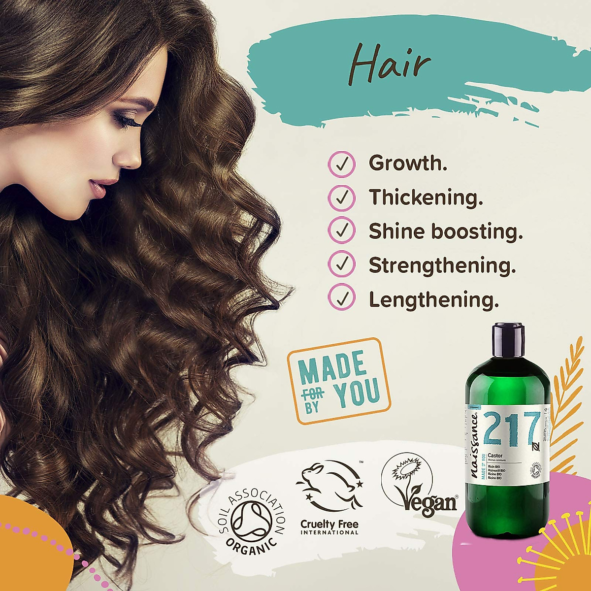 naissance Certified Organic Cold Pressed Castor Oil 16 fl oz - For Hair, Beard, Eyelashes, Eyebrows, Nails and Skin - Pure & Natural, Virgin, Unrefined, Vegan, Hexane-Free, Non GMO, Cruelty Free