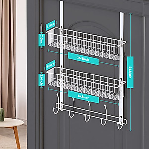 LUCYCAZ Over The Door Hooks Organizer, Door Hanger Towel Rack with 10 Coat Hooks & 2 Mesh Basket Over The Door Shelf, Back of Door Storage Organizer for Barthroom Kitchen Hanging Towel Clothes (White)