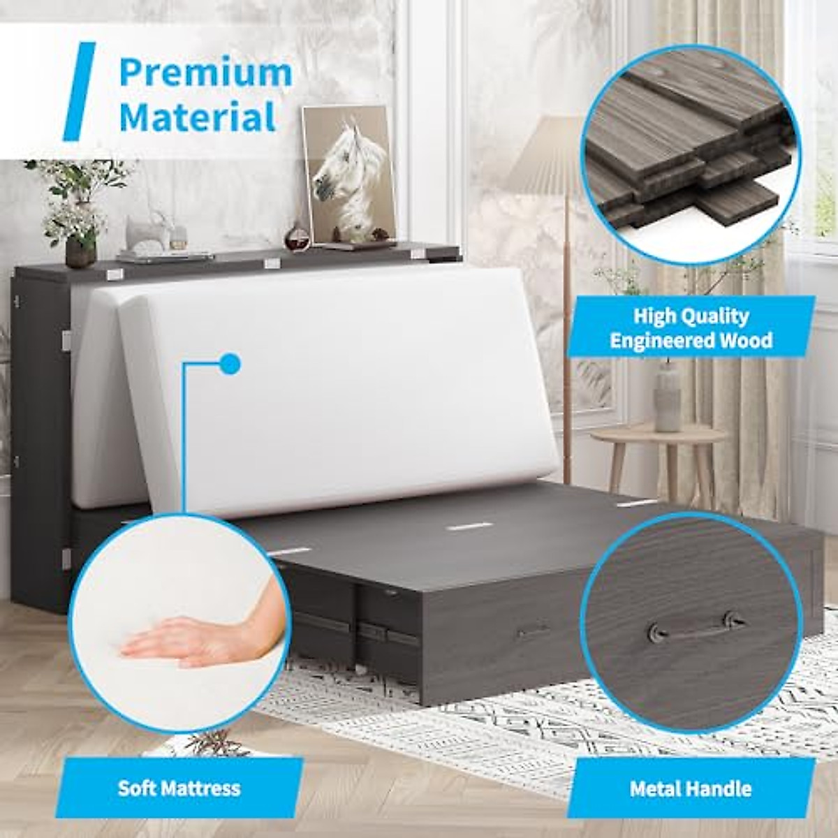 Mjkone Murphy Bed Cabinet Queen with Foldable High Elasticity Mattress, Cube Cabinet Bed with USB Charging Station, Solid Wood Chest Bed for Bedroom Guest Room Office (Gray, Cabinet Bed A)