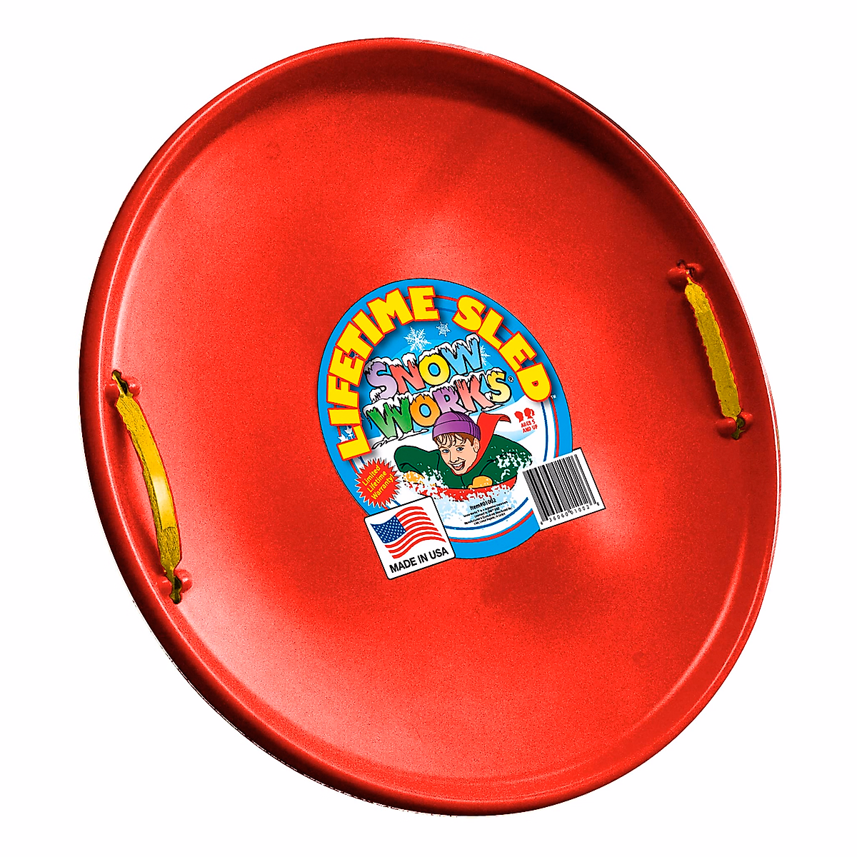 Lifetime Saucer Snow Sled, Heavy-Duty Plastic, Cold Weather Downhill Outdoor Winter Snow Sled Disc with Handles (Red).