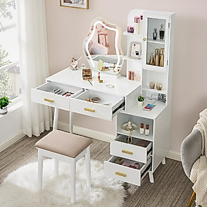 ANWBROAD White Vanity with Lighted Mirror Vanity Desk with Mirror and Lights Girls Vanity with Power Outlet Stool Drawers Shelves Charging Station 3 LED Lighting Modes Bedroom Makeup Table UBDT55W