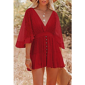 Fixmatti Womens Summer V-Neck Batwing Sleeve Backless Lace Mini Swing Skater Dress Red M