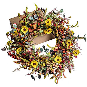 JINGHONG Artificial Spring Wreath 24 Inch Spring Front Door Wreath with Rich Berries and Flowers Large Wreaths for Front Door Outside Home Indoor Outdoor Decor