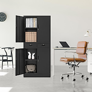 BESFUR Metal Storage Cabinet, Locking Storage Cabinet with Drawers and Adjustable Shelves for Garage, Office, Classroom- Black