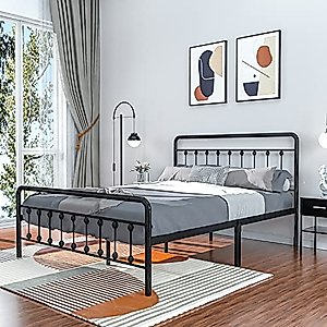 Noillats Metal Queen Bed Frame, Vintage Headboard and Footboard, Sturdy Steel Strip Support Mattress Base, No Box Spring Required, Easy to Assemble, Steel Grey
