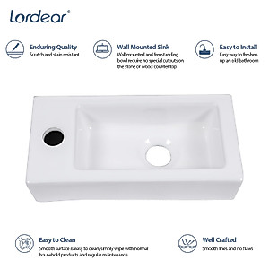 Lordear Small Bathroom Sink Wall Mounted Corner Sink 15"x 7" Floating Hand Wash Basin Wall Hung Left Hand White Ceramic Tiny Vessel Sink for Cloakroom Bathroom