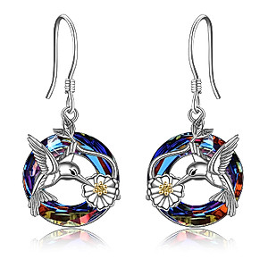 POPLYKE Hummingbird Earrings for Women Sterling Silver Hummingbird Bird Daisy Flower Dangle Drop Earrings with Volcano Circle Crystal Gifts(volcano)