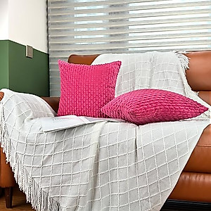 16x16 Throw Pillow Covers Set of 2, Decorative Boho Covers for Bed, Couch Fluffy Pillow Cover for Living Room, Neutral Home Décor Accent for Sofa - Hot Pink