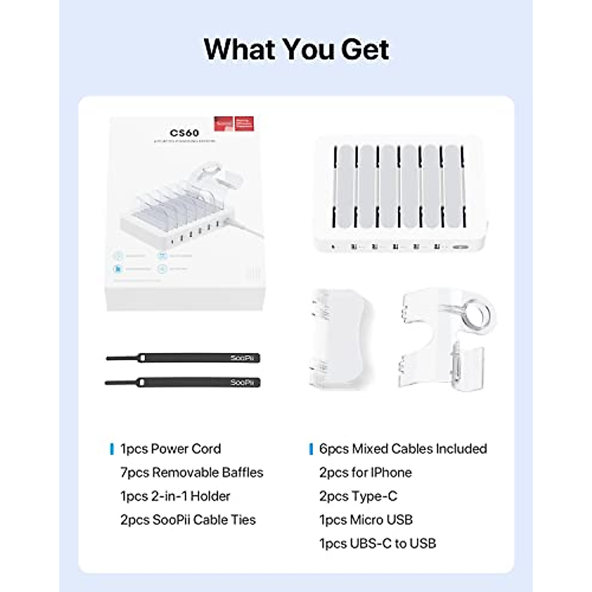 SooPii 60W 6-Port Charging Station for Multiple Devices, PD 20W USB C Fast Charging for lPhone 14/13/12,6 Short Cables Included, 2 in 1 Holder,for Phones,Tablets and Others,White