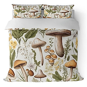 Mystical Woodland Mushrooms Bedding Set for Girls Boys Children - Botanical Fungus Comforter Cover Decorative Wild Mushroom Stuff Duvet Cover Cute Mushroom Plants Duvet Cover