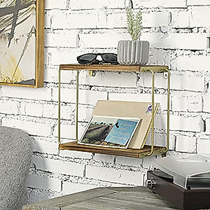 MyGift 2-Tier Burnt Wood Wall Mounted Display Shelves with Vintage Brass Metal Frame