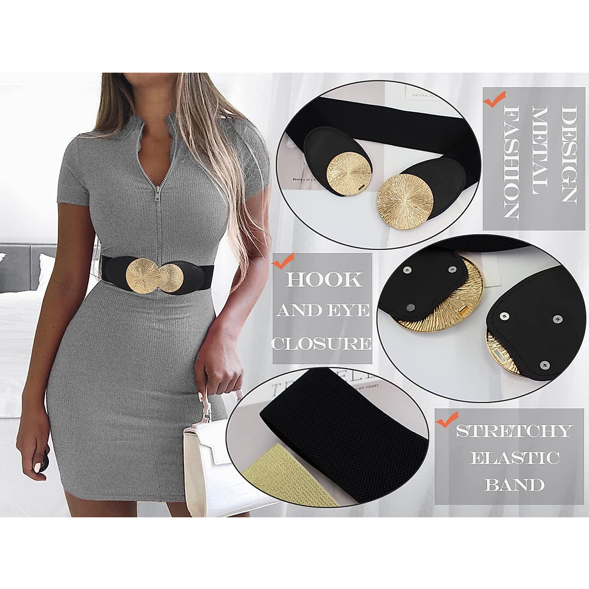 losofar Women Elastic Wide Stretchy Waist Cinch Belt Retro Fashion Automatic Buckle Waistband (black gold, waist below 42")