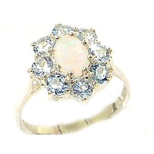 LetsBuyGold 925 Sterling Silver Real Genuine Opal and Aquamarine Womens Cluster Engagement Ring - Size 6