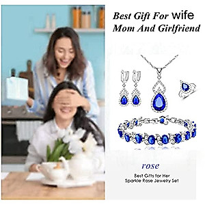 LMXXVJ Women Jewelry Set Platinum Plated Necklace Open Ring Earrings Bracelet Set,Birthday/Anniversary Mother’s Day Jewelry Gifts for Mom/Wife/Sister/Best Friend (blue, Adjustable)