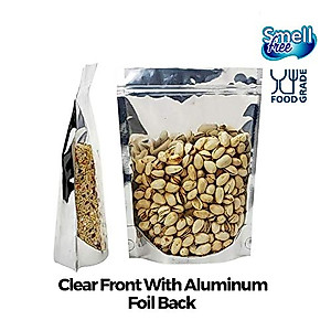 Stand Up Pouch Bags, 6" x 9", Heavy Duty, 100 Pack, Clear Front with Aluminum Foil Back - Resealable Ziplock and Heat Sealable for Food Storage