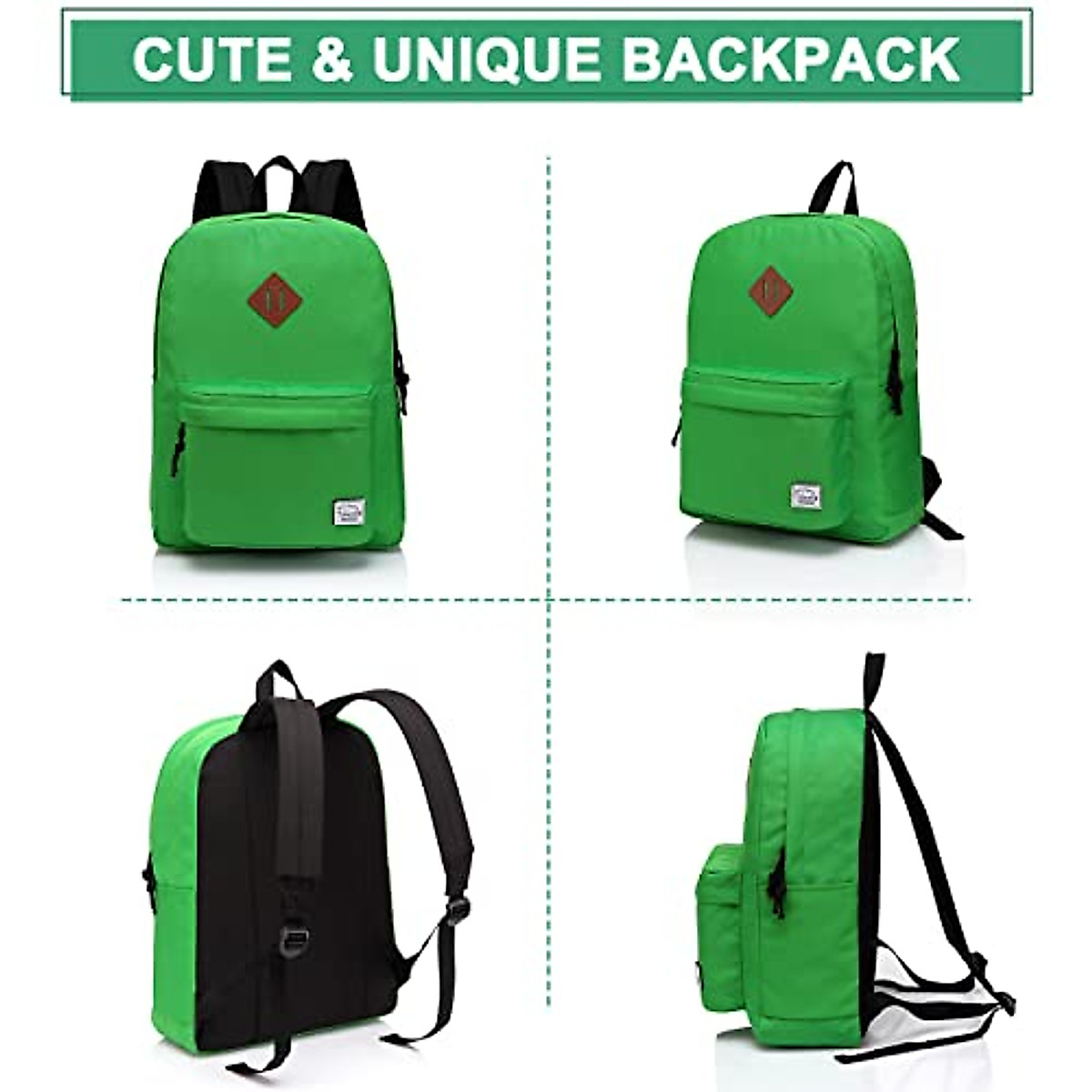 VASCHY Lightweight Backpack for School, Classic Basic Water Resistant Casual Daypack for Travel with Bottle Side Pockets (Green)