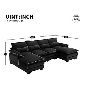 Merax 110" Modular Sectional Couches with Waist Pillows, 6-seat Upholstered Sleeper Sofa Bed Chaise Lounge for Living Room Furniture, Black