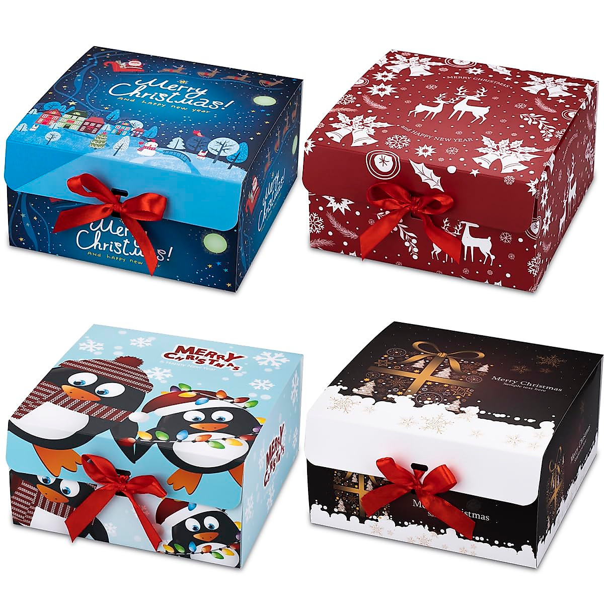 ARTLYMERS Christmas Gift Boxes with Lids, 12 Pack Gift Boxes and Red Ribbon Christmas Themed Pattern Small Gift Boxes for Christmas Presents Gifts Easy Assemble