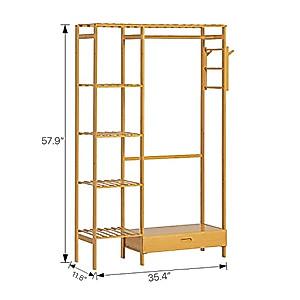 MoNiBloom Bamboo Clothing Rack 5 Tier Storage Shelves Garment Rack with Side Hooks & Pants Rack for Bedroom Living Room Office Mudroom, Natural