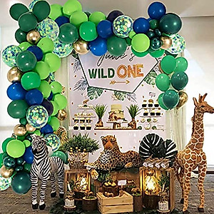 Jungle Safari Balloon Garland Arch Kit, Green Gold Blue Confetti Balloons for Wild one Boy Birthday Party Baby Shower Backdrop Party Decorations 108PCS