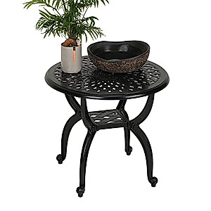 JARDIN DE CENTENNIAL Cast Aluminum Side/ End Table, Anti-Rust Coffee Bistro Table For Outdoor, Patio, Indoor, Garden, Porch, Balcony (Round Black)