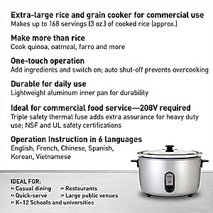 Panasonic Commercial Rice Cooker, 208V Extra-Large Capacity 80-Cup (Cooked), 40-Cup (Uncooked) with One-Touch Operation - SR-GA721L - Silver
