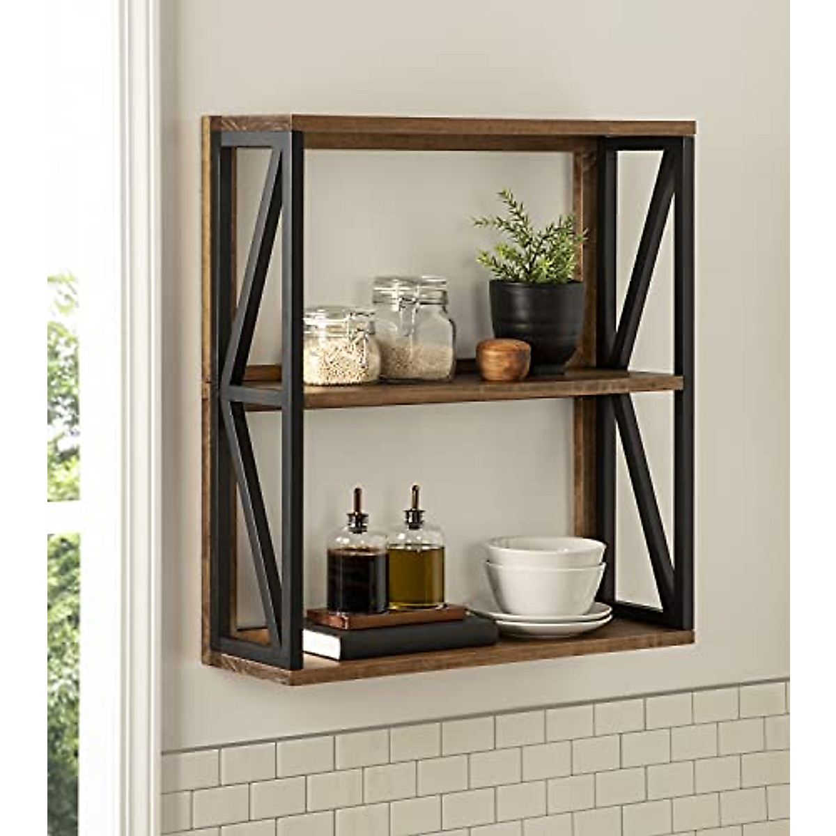 Kate and Laurel Rigby Farmhouse 3-Tier Wall Shelf, 25 x 8 x 28, Rustic Brown and Black, Decorative Modern Floating Shelves for Wall