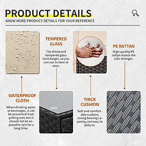 Lviden 7 Pieces Outdoor PE Wicker Furniture Set Patio Rattan Sectional Conversation Sofa Set with Khaki Cushions and Glass Top Table