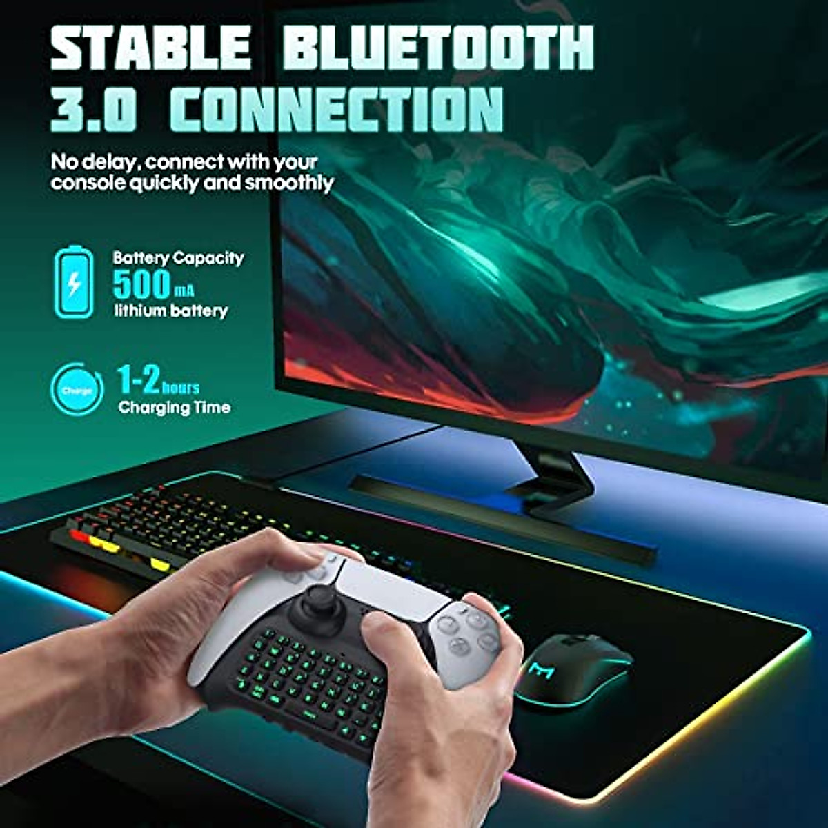 TiMOVO Green Backlight Keyboard for PS5 Controller, Wireless Bluetooth Keypad Chatpad for Playstation 5 Controller, Mini Game Keyboard Built-in Speaker with 3.5mm Audio Jack for Messaging, Black