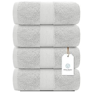 White Classic Luxury Bath Towels Large - Cotton Hotel spa Bathroom Towel |30x56 | 4 Pack | Silver