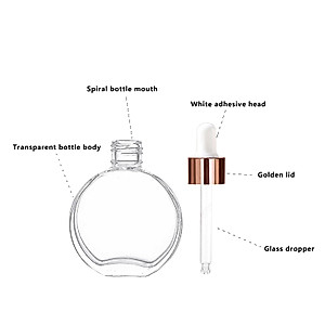 PYAWI 6Pcs, 2 oz Glass Dropper Bottles for Essential Oils ，60ml flat round perfume bottle with Eye Droppers， for Essential Oils, Perfumes, Serums - Leakproof for Travel (A- Clear/Rose Gold)