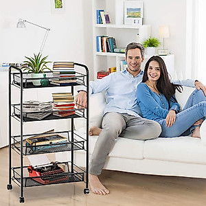 Halter 4 Tier Metal Storage Shelves with Wheels, Roller Cart Wire Storage Baskets, Office Rolling Cart Organizer, Black