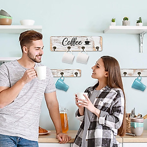 LotFancy Coffee Mug Holder, Rustic Wall Mounted Mug Rack with 12 Cup Hangers, Farmhouse Wood Cup Organizer for Home, Office, Kitchen Display Storage Collection, White Coffee Nook Décor