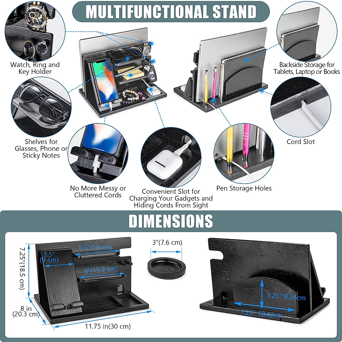 Parkway Home Black Wood Phone Docking Station - Wood Charging Station Organizer Stand, Bedside Nightstand Organizer for Men and Women, Holds Phone, Tablet, Keys, Glasses, EDC and more
