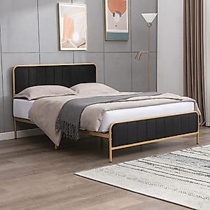 BALUS Cal King Size Bed Frame, Metal Platform Bed Frame with Tufted Headboard, Velvet Upholstered Platform Bed Frame with Gold Trim, Easy Assembly, No Box Spring Needed and Slip Noise Free Black