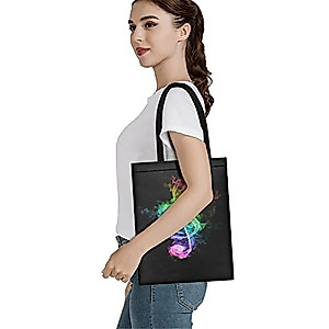 HUGS IDEA Music Notes Fire Pattern Linen Tote Bag Grocery Storage Handbags for Outdoor Travel Shopping Shoulder Purse