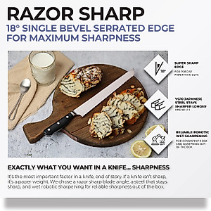 FOXEL Best Bread Knife 10 Inch Serrated - Razor Sharp Rust Resistant Japanese VG10 Steel for Cutting Bread, Cake, Sourdough, Sandwiches, Bagels, and Hard Crust - Black Handle