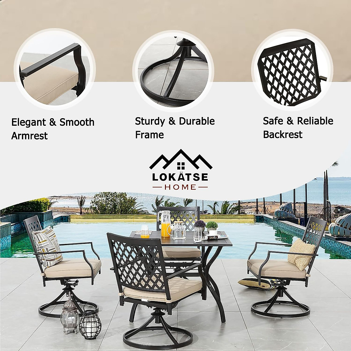 LOKATSE HOME 5 Piece Patio Dining Set Outdoor Furniture 4 Swivel Chairs with Cushion and 37" Square Umbrella Hole Table for Bistro Backyard Garden, Khaki