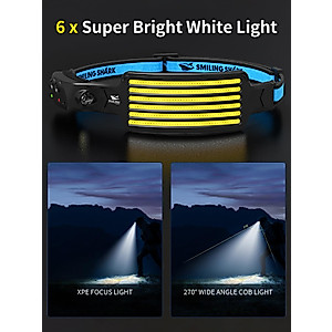 Smiling Shark Rechargeable Headlamp, 2 Pack Wide Angle 6*White Light The Brightest LED Head Lamp with Motion Sensor Waterproof Headlight for Camping Hiking Outdoor, Head-Light-LED-Lamp-Rechargeable