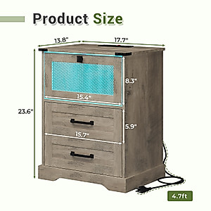 Hasuit Farmhouse Night Stand Set of 2 with LED Lights and Charging Station, Rustic Oak Nightstand with 2 Drawers, and Cubby with Wire Mesh Door, Bedside End Table for Bedroom