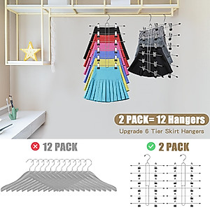 6 Tier Skirt Hangers Space Saving,2 Pack Pants Skirts Hangers with Clips for Women Closet,Non Slip Closet Organizer and Storage Multi Clothes Shorts Hanger Organization Dorm Room Essentials