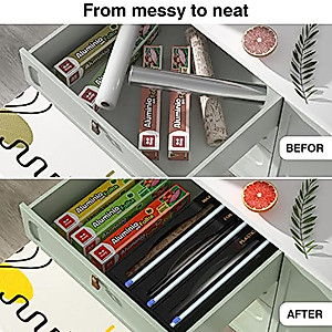 Foil and Plastic Wrap Organizer, 3 in 1 Plastic Wrap Dispenser with Cutter for Kitchen Drawer, Bamboo Roll Organizer Holder for Aluminum Foil and Wax Paper, Compatible with 12" Roll (Black)