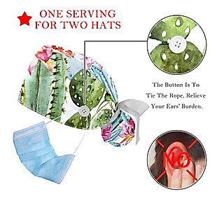 LIFH Ink Paint Cactus Red Rose Flowers Scrub Caps Women, 2 Packs Working Cap with Ponytail Holder, Adjustable Elastic Bandage Tie Back Hats, Medium-3X-Large