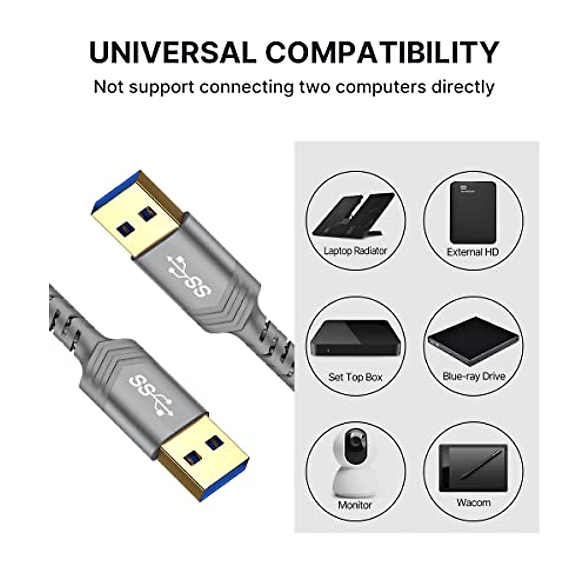 JSAUX USB 3.0 A to A Male Cable, USB 3.0 to USB 3.0 Cable 2 Pack(3.3ft+6.6ft) USB Male to Male Cable Double End USB Cord Compatible for Hard Drive Enclosures, DVD Player, Laptop Cooler and More(Grey)