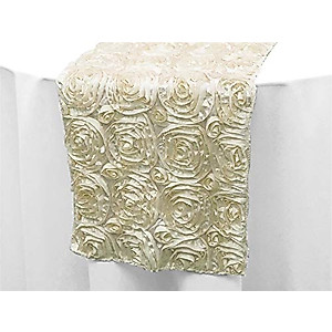 Rectangular , Round , Runner Grandiose Rosette 3D Satin Tablecloth for Wedding Party Event Decoration by Runner Linen Factory (Runner 14x108 Inch, Ivory)