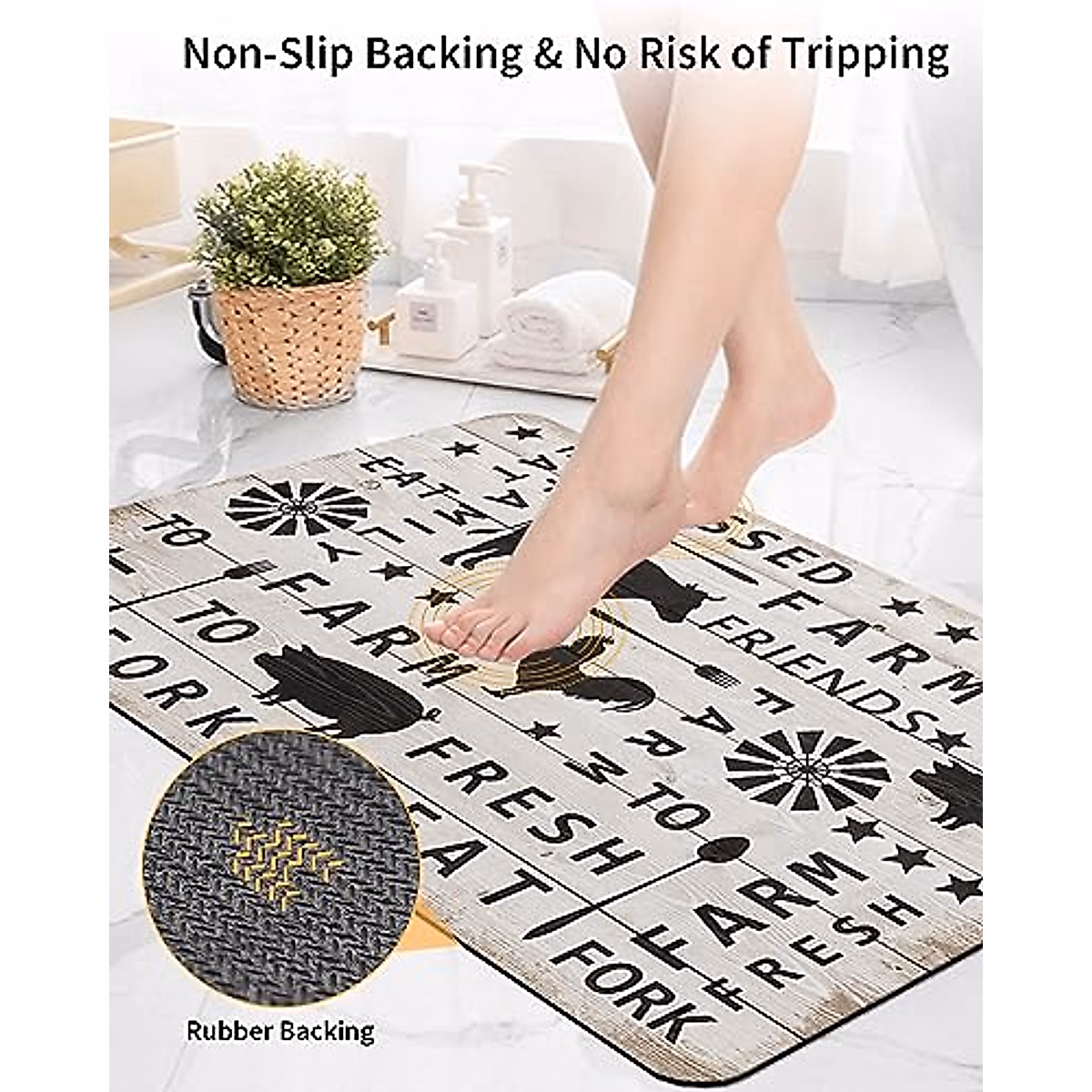 Gogobebe Super Absorbent Diatom Mud Mat Vintage Farm Animal Cow Rooster Pig Wooden Board Pattern Quick-Drying Thin Bath Mat Non-Slip Bathtub Mat Anti-Skid Rubber Bathroom Shower Mat 16x24in