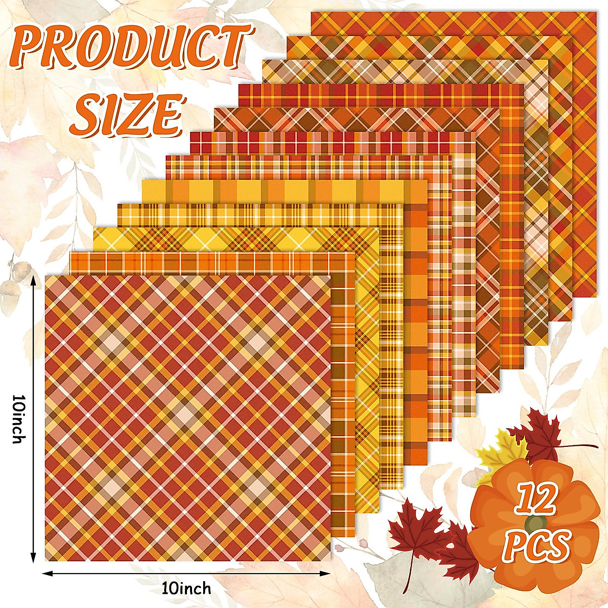 Whaline 12Pcs Fall Cotton Fabric Bundles 10 x 10 Inch Autumn Buffalo Plaid Fat Quarters Plaid Quilting Patchwork Squares Sewing Fabrics for Harvest Thanksgiving DIY Handmade Craft Home Party Decor