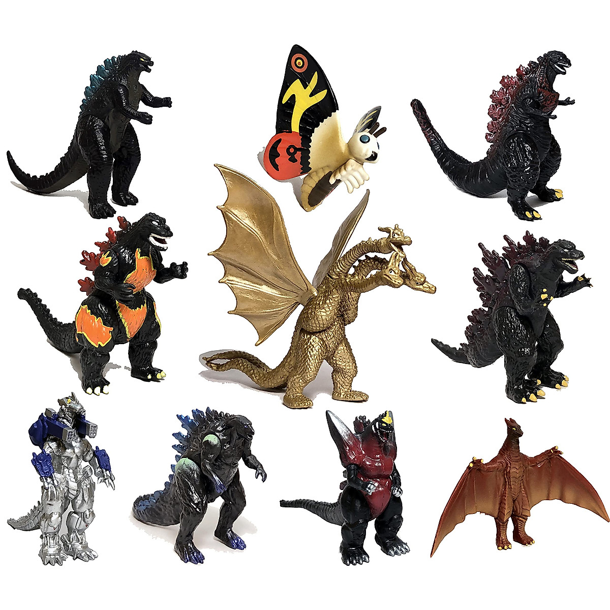 TwCare Set of 10 Godzilla Toys, Movable Joint Action Figures, King of The Monsters vs Kong Mini Dinosaur Mothra Imago Burning Heisei Mecha Ghidorah Playsets Kids Birthday Cake Toppers Pack